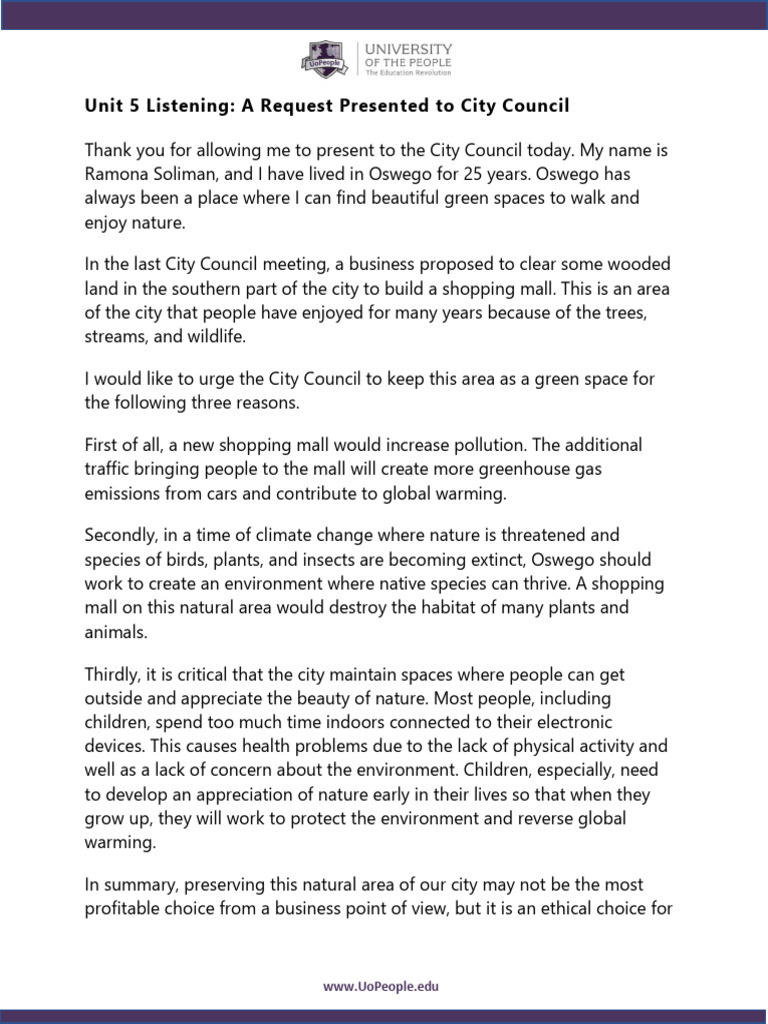 ENGL 0008 U5 Listening A Request Presented To City Council | PDF
