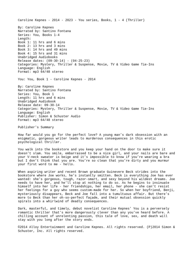 Caroline Kepnes - 2014 - 2023 - You Series, Books, 1 - 4 (Thriller) | PDF | Thriller (Genre ...