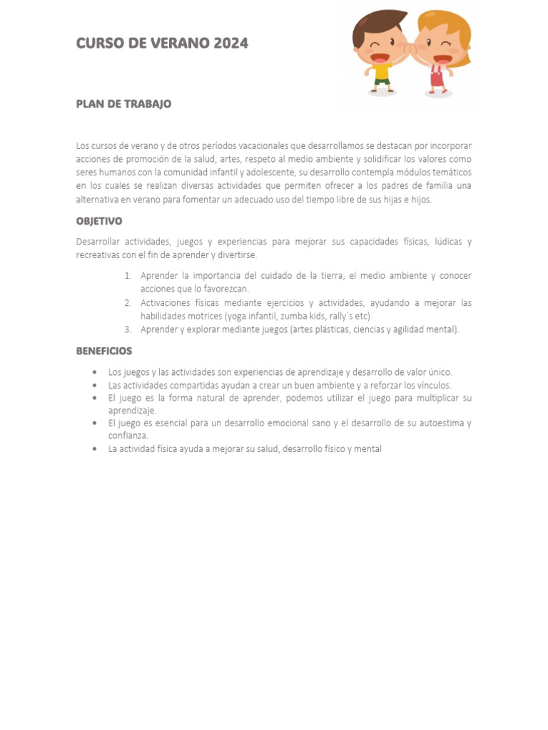 Plan de Trabajo Verano 2024 | PDF