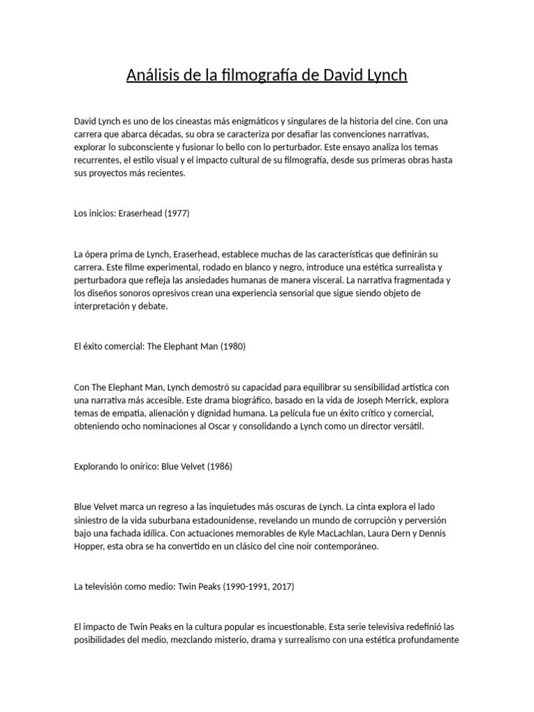 Análisis de la filmografía de David Lynch | PDF