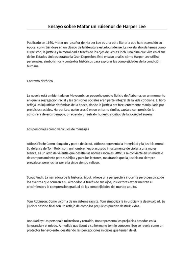 Análisis de Matar un ruiseñor de Harper Lee | PDF | Matar a un ruiseñor ...