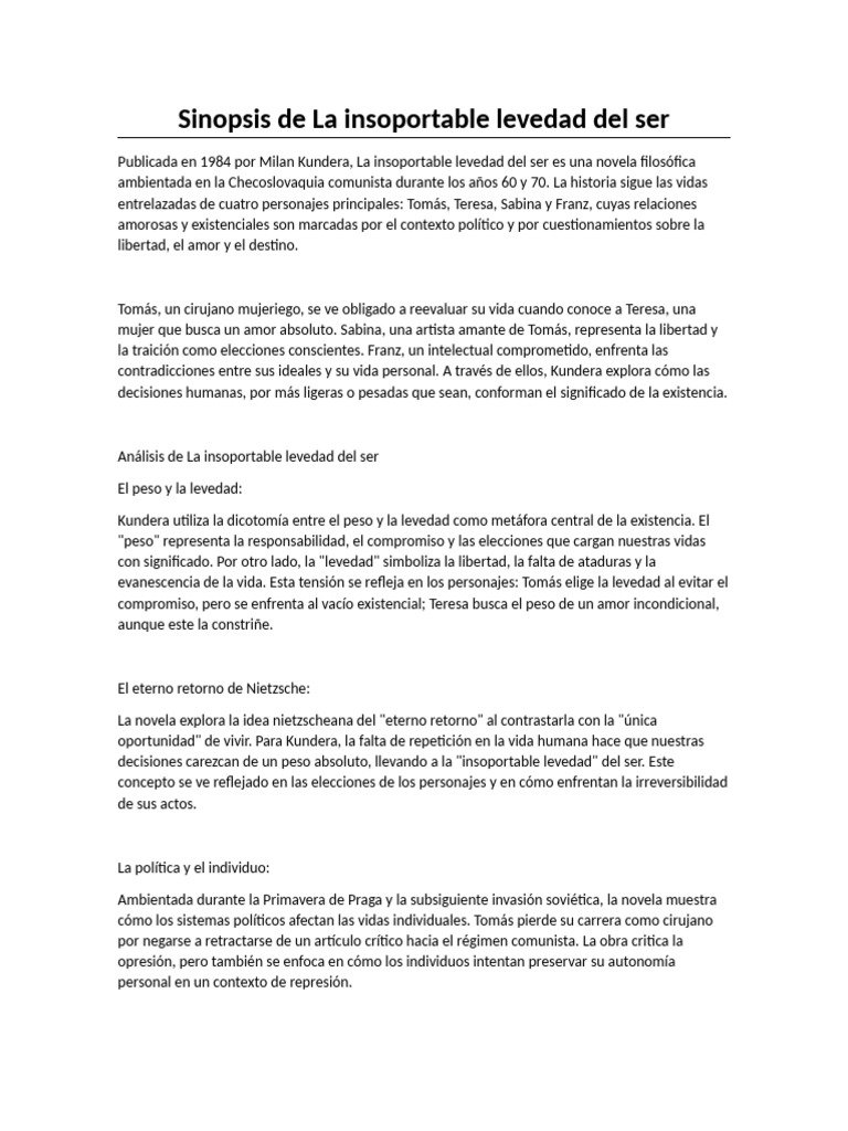 Sinopsis de La insoportable levedad del ser | PDF | Amor