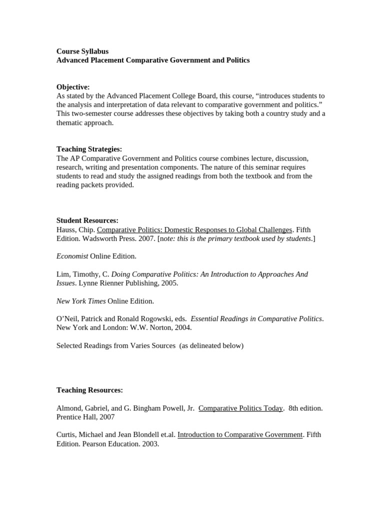 AP Comparative Government Syllabus | PDF | Essays | Political Science