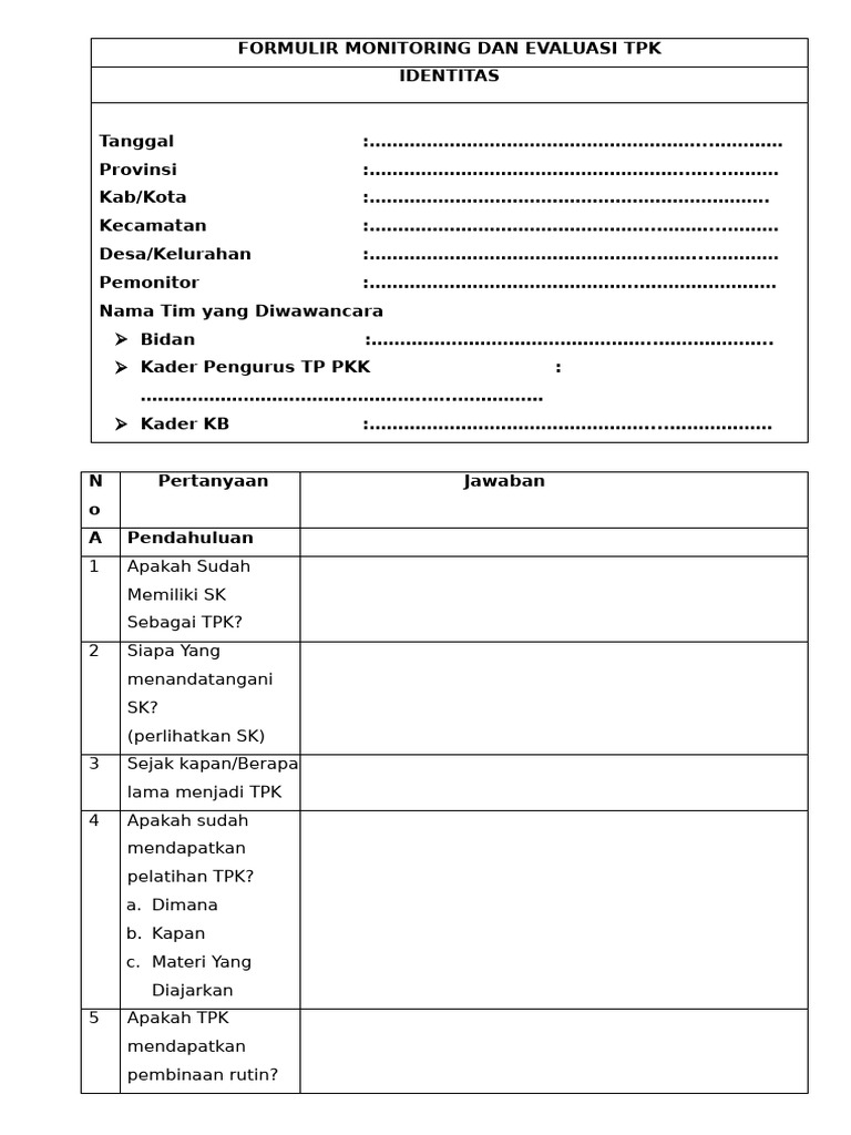 Formulir Monitoring Dan Evaluasi TPK | PDF