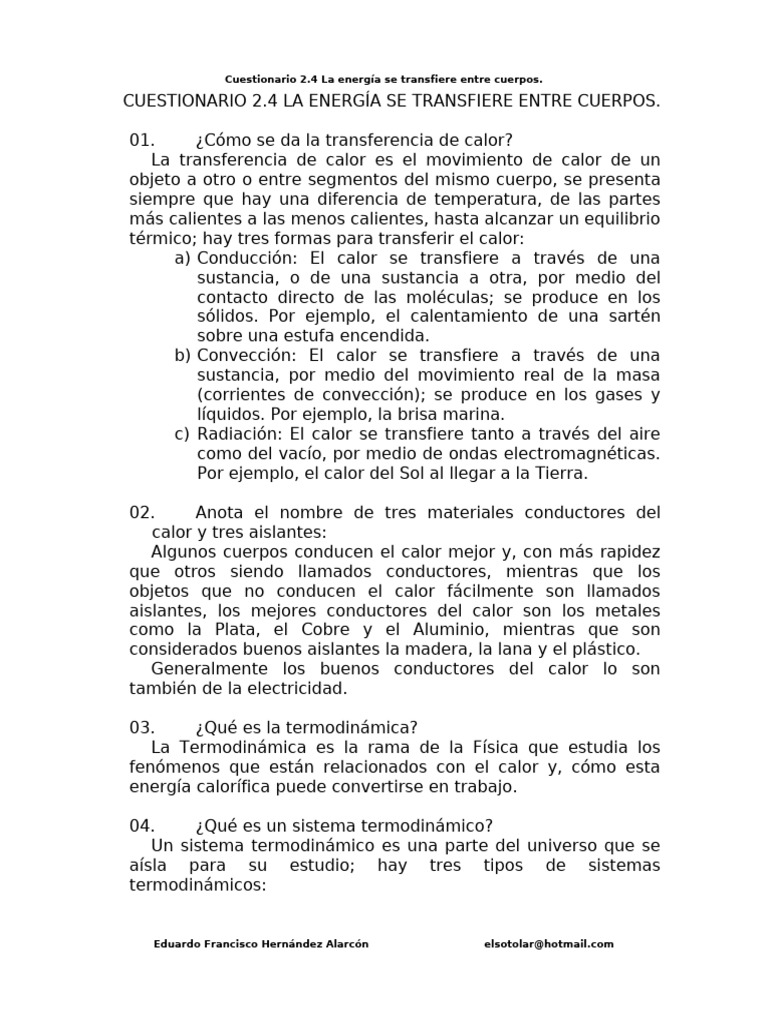 Cuestionario 2.4 La Energía Se Transfiere Entre Cuerpos | PDF | Calor ...