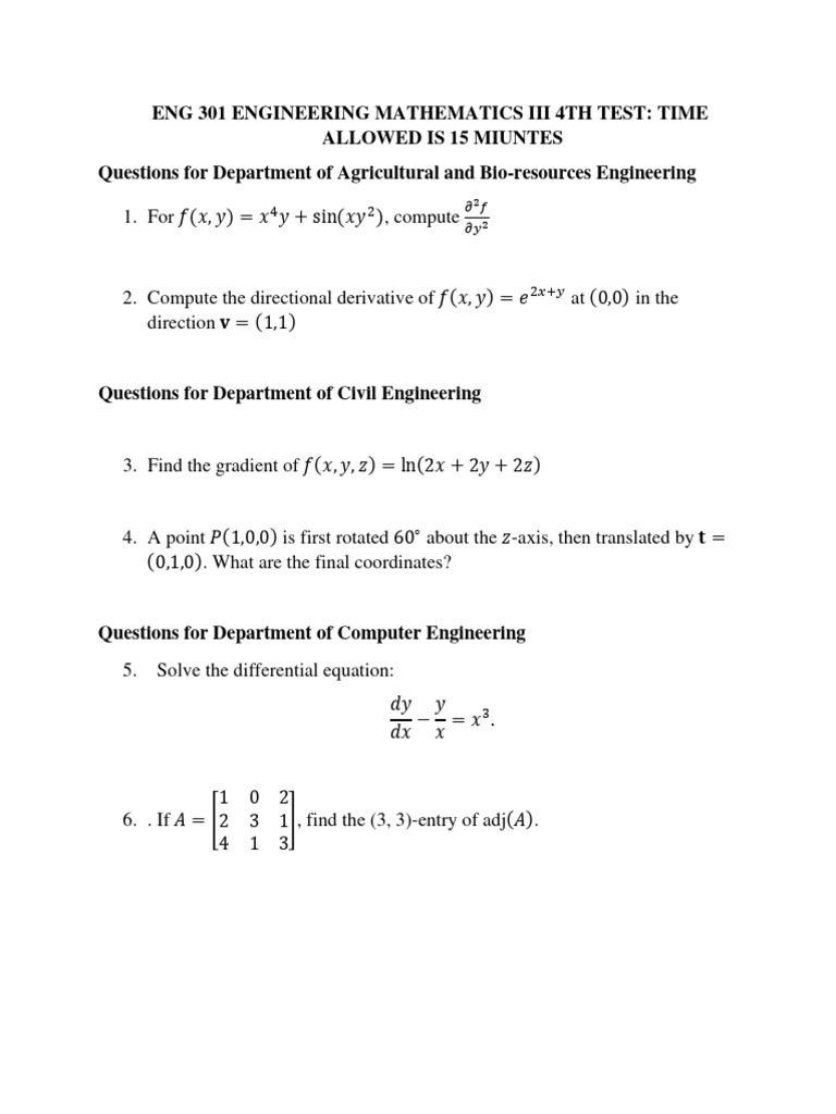 Eng301 Test | PDF | Divergence | Engineering