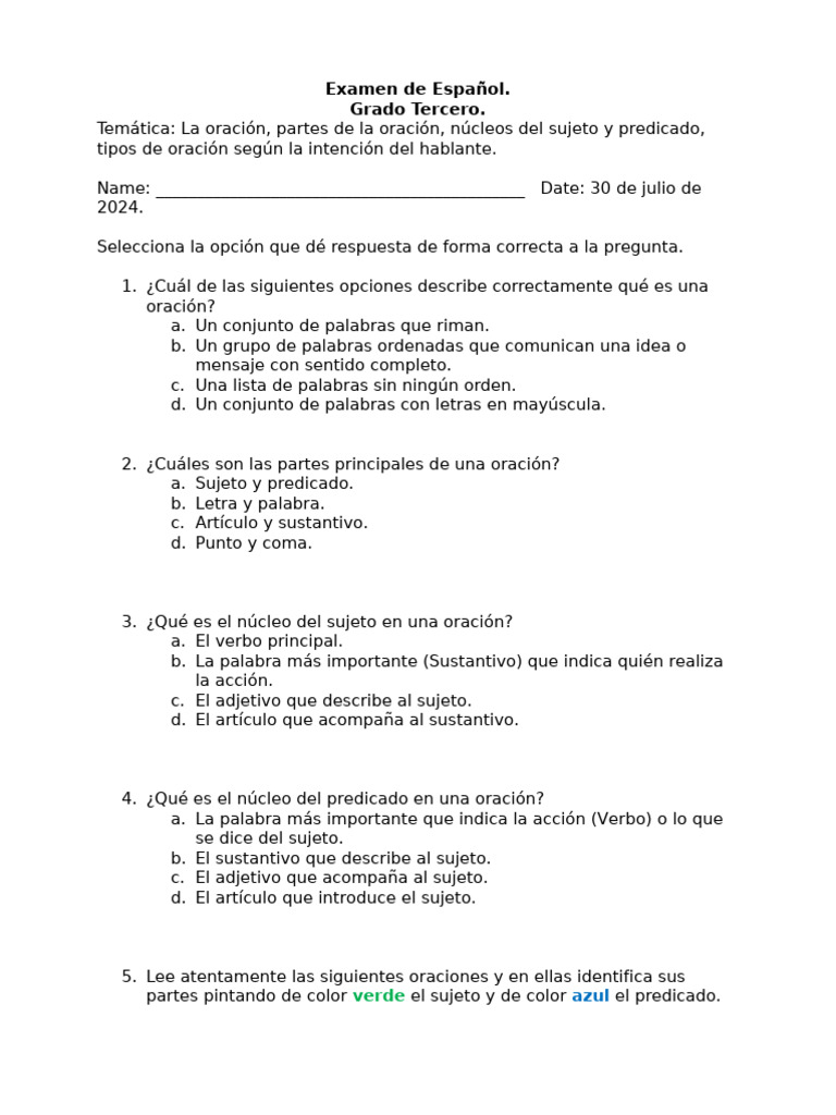 Examen de Español: Oraciones y Partes | PDF | Asunto (gramática ...