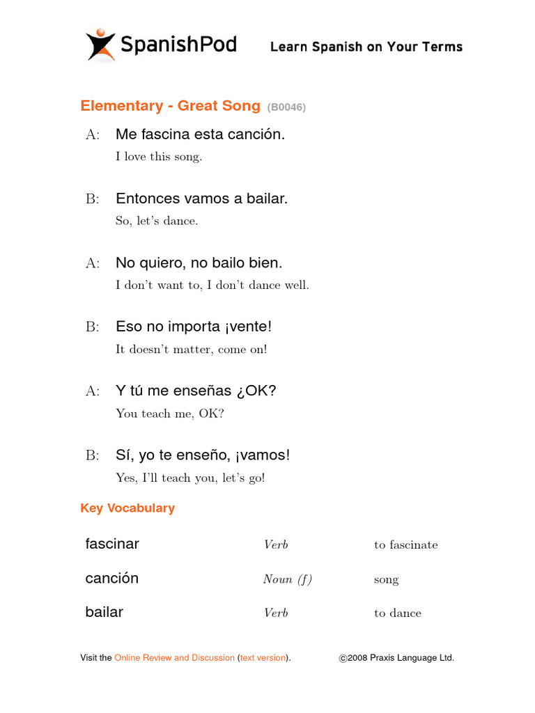 Spanish Lesson: Dancing and Music Vocabulary | PDF