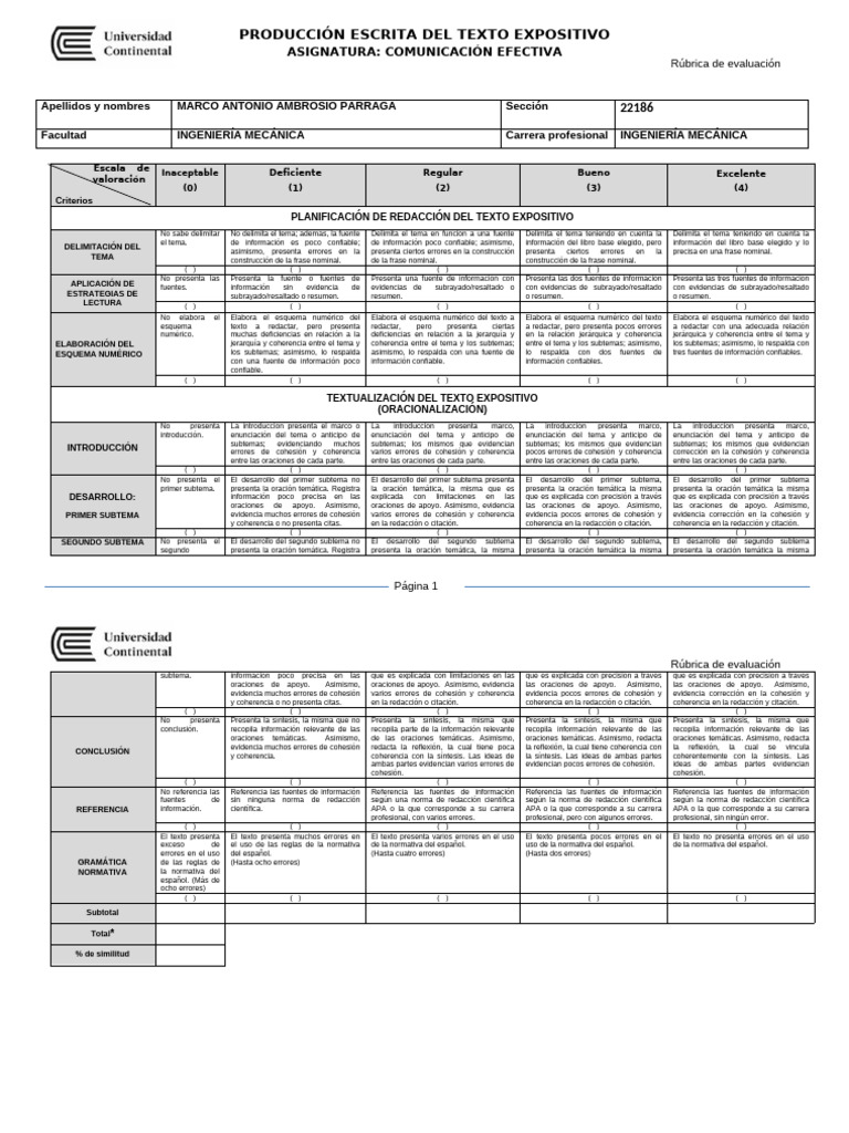 Rúbrica de Evaluación para Textos Expositivos | PDF
