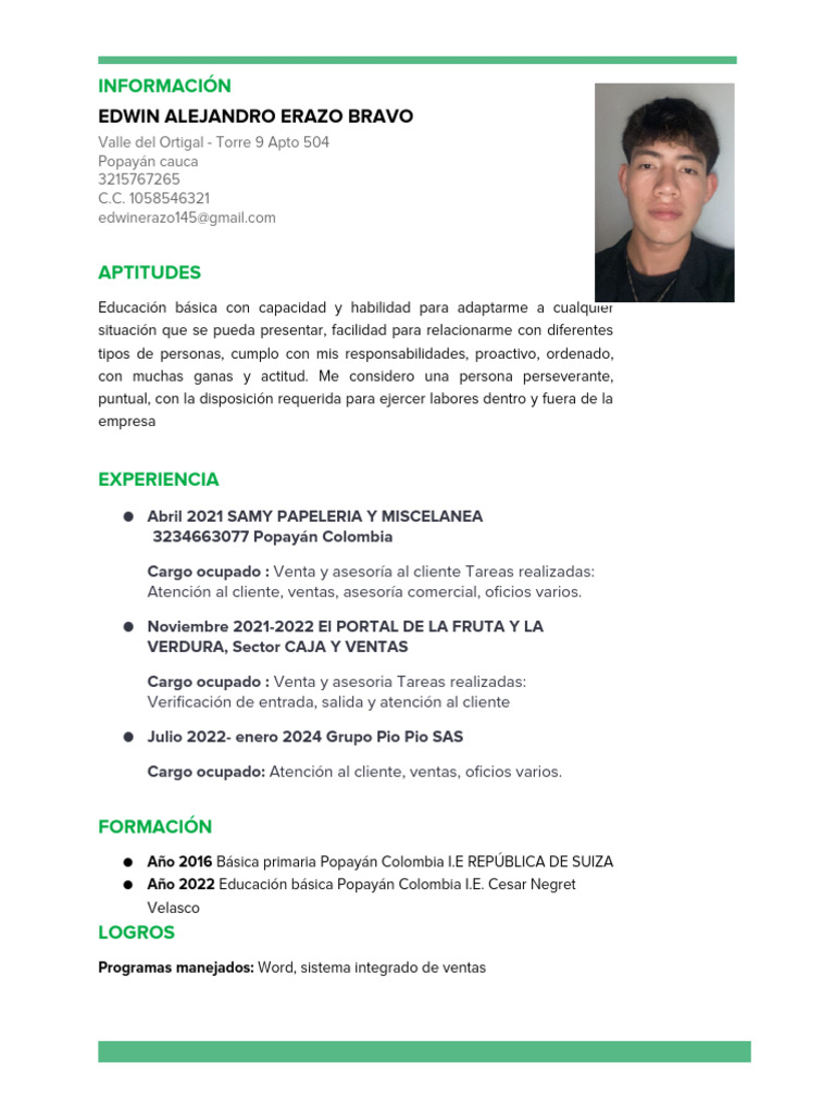 Hoja de vida- Edwin Alejandro Erazo Bravo | PDF