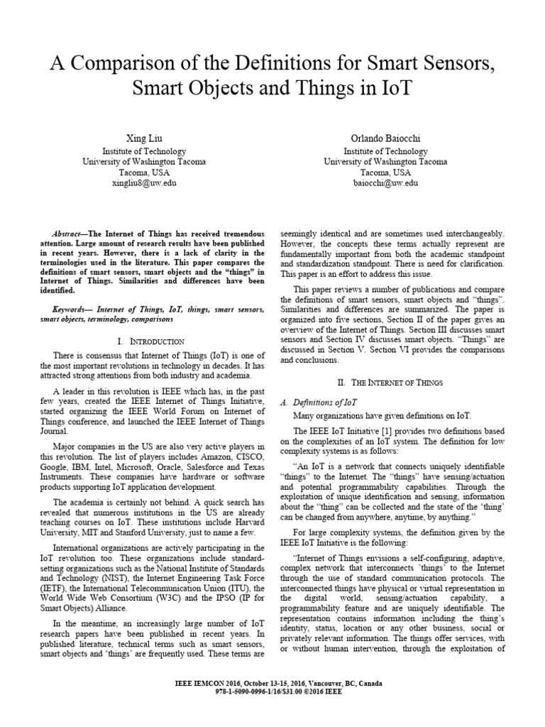 A Comparison of The Definitions For Smart Sensors Smart Objects and ...