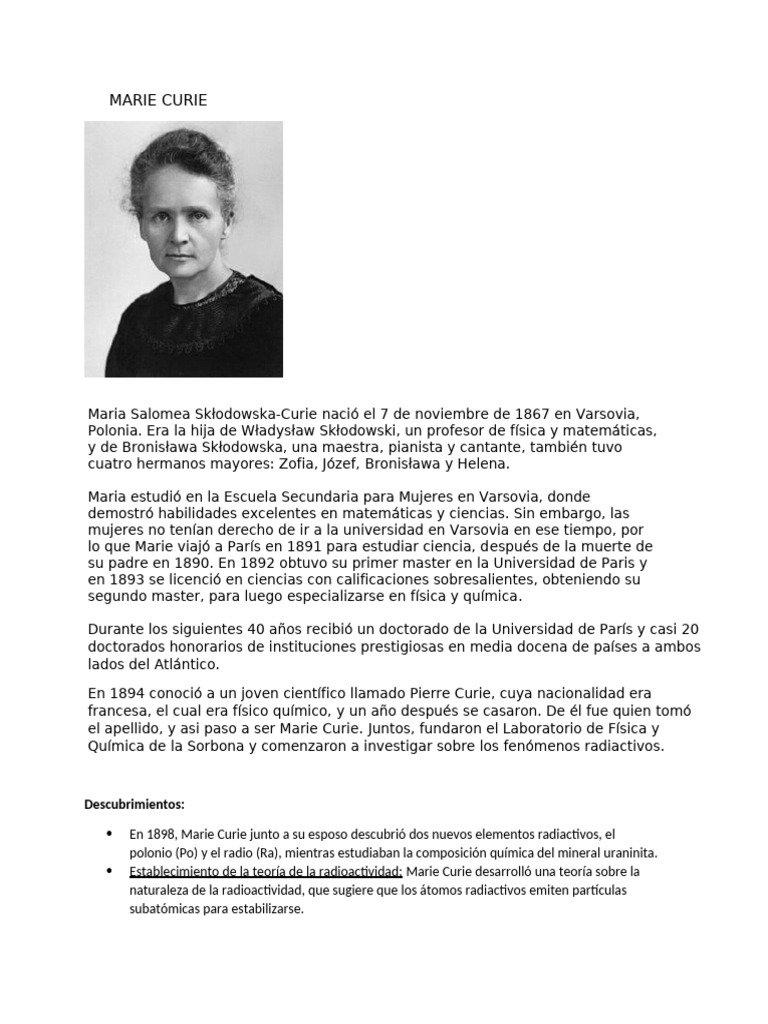 Vida y logros de Marie Curie | PDF | Marie Curie