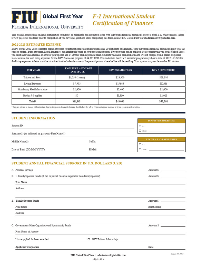 FIU International Student Financial Form | PDF | Affidavit | Banks
