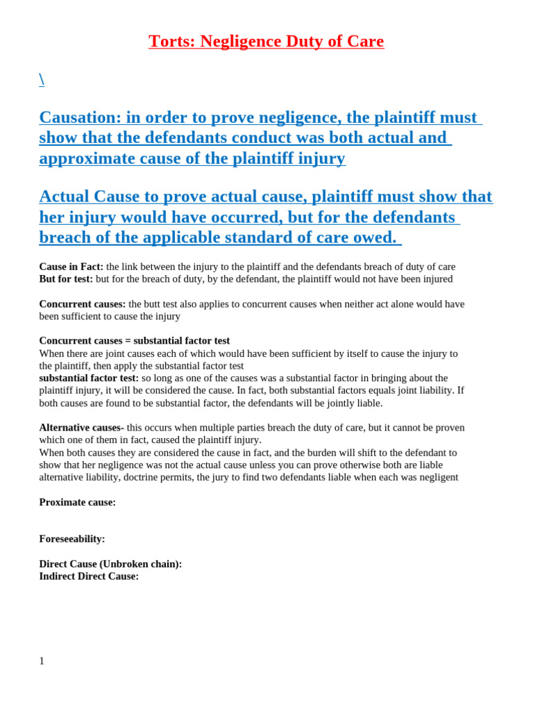 TORTS negligence OUTLINE | PDF | Causation (Law) | Negligence