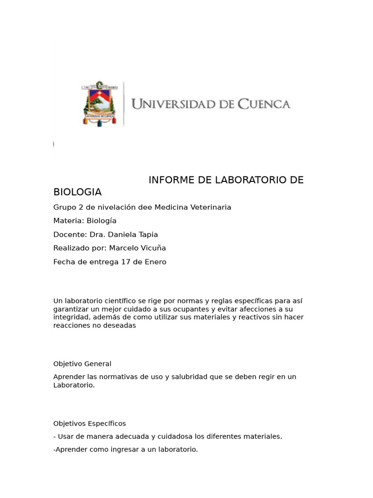 Informe de Laboratorio de Biologia | PDF | Laboratorios