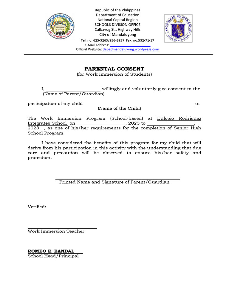 Parental Consent for Work Immersion | PDF