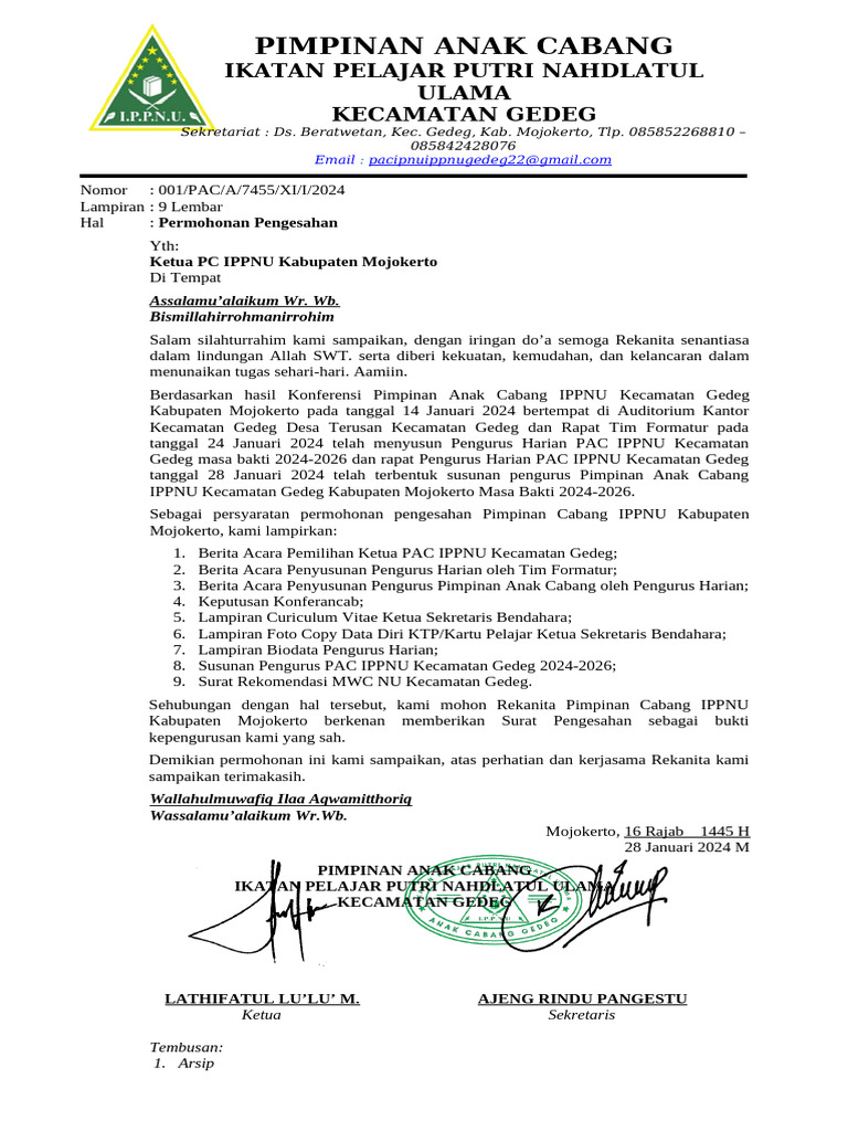 001 - PAC - Surat Permohonan Pengesahan PAC IPPNU Gedeg | PDF