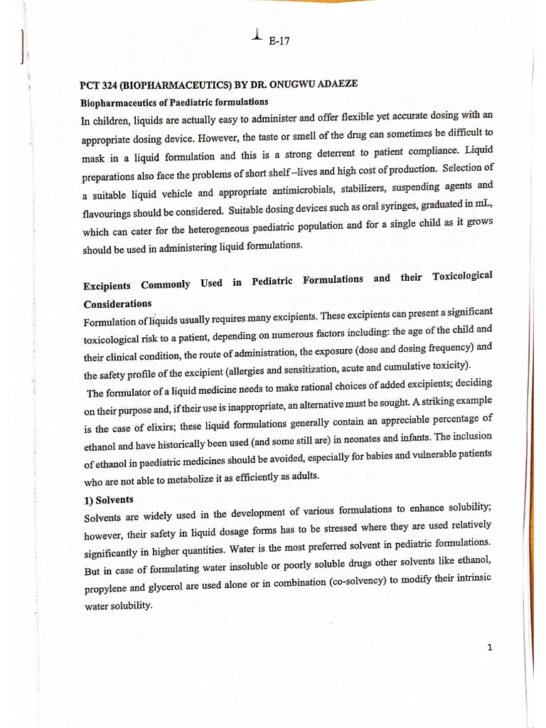 E17 - Biopharmaceutics of Paediatric Formulations | PDF