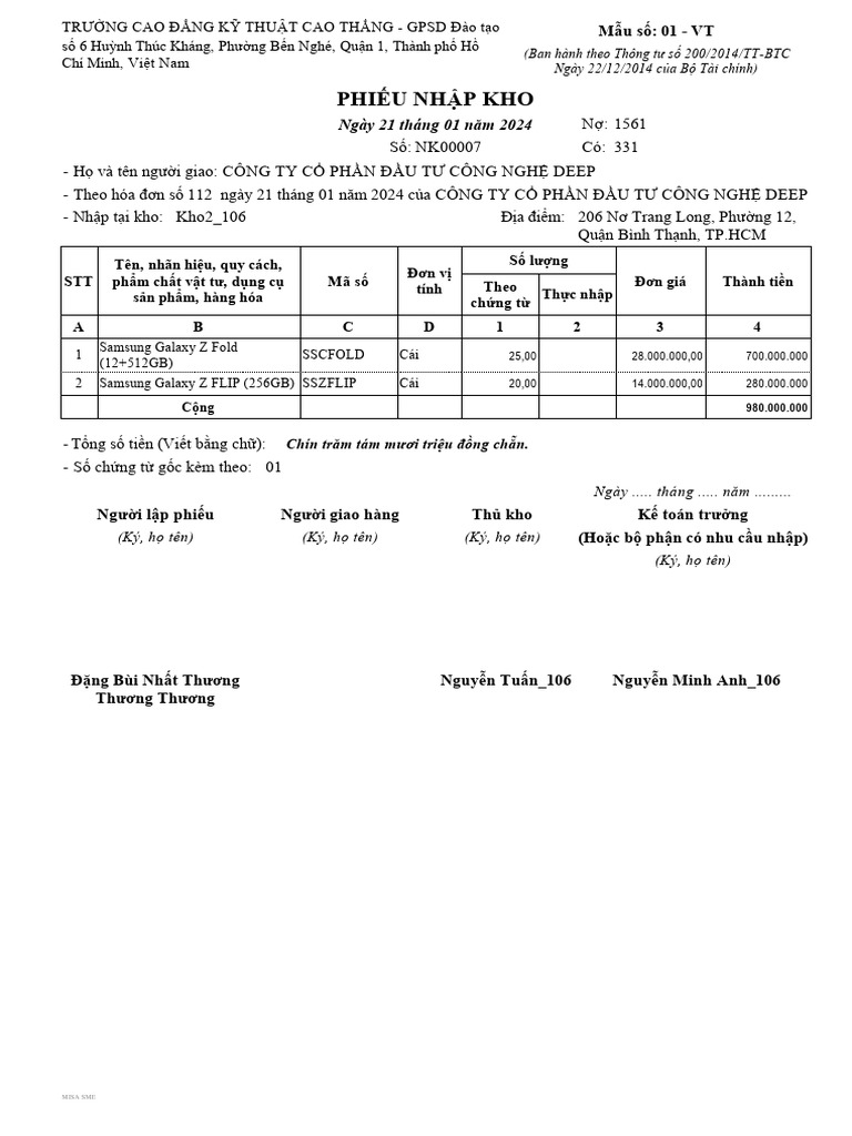 01 VT Phieu Nhap Kho07 | PDF