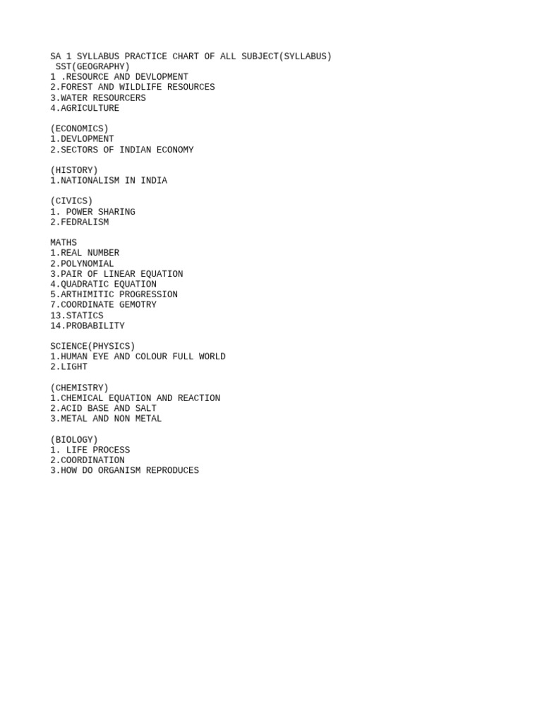 Sa 1 Syllabus Practice Chart of All | PDF