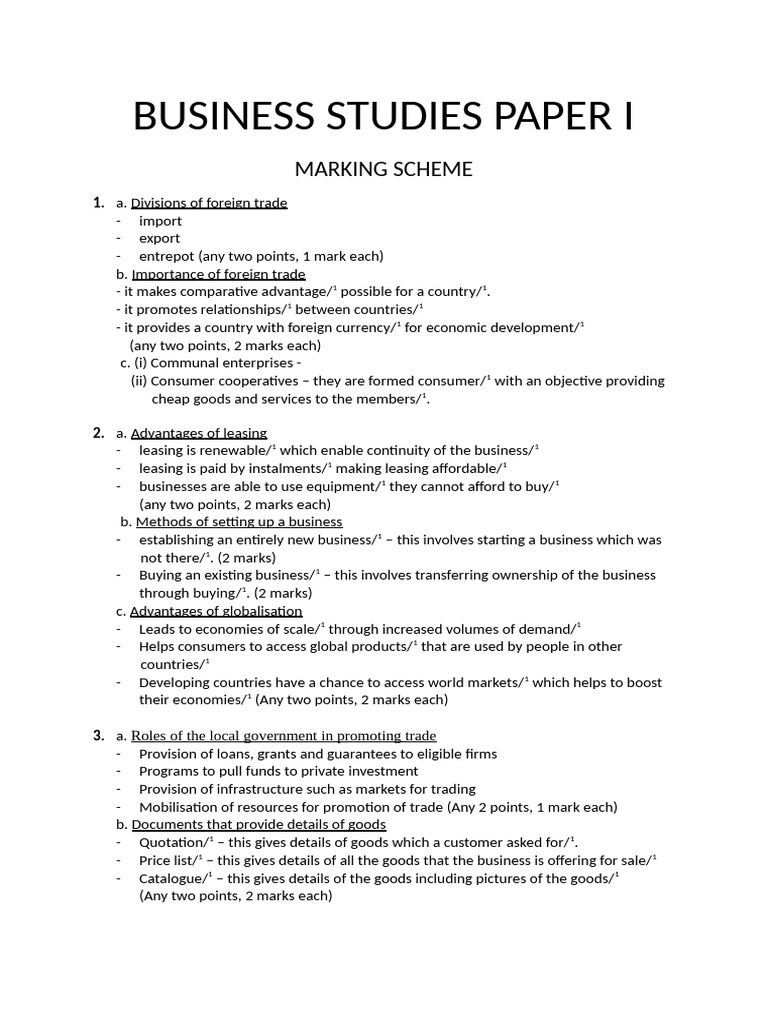 BUSINESS STUDIES PAPER I MARKING SCHEME | PDF | Insurance | Stocks