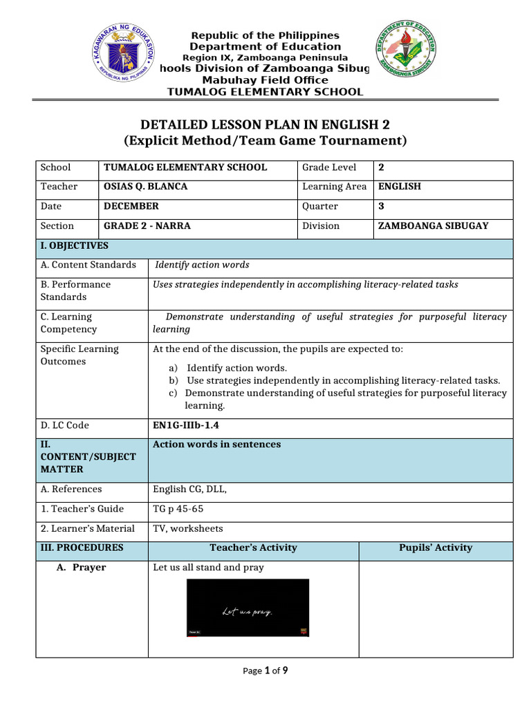 English 2 Lesson Plan: Action Words | PDF | Lesson Plan | Teachers