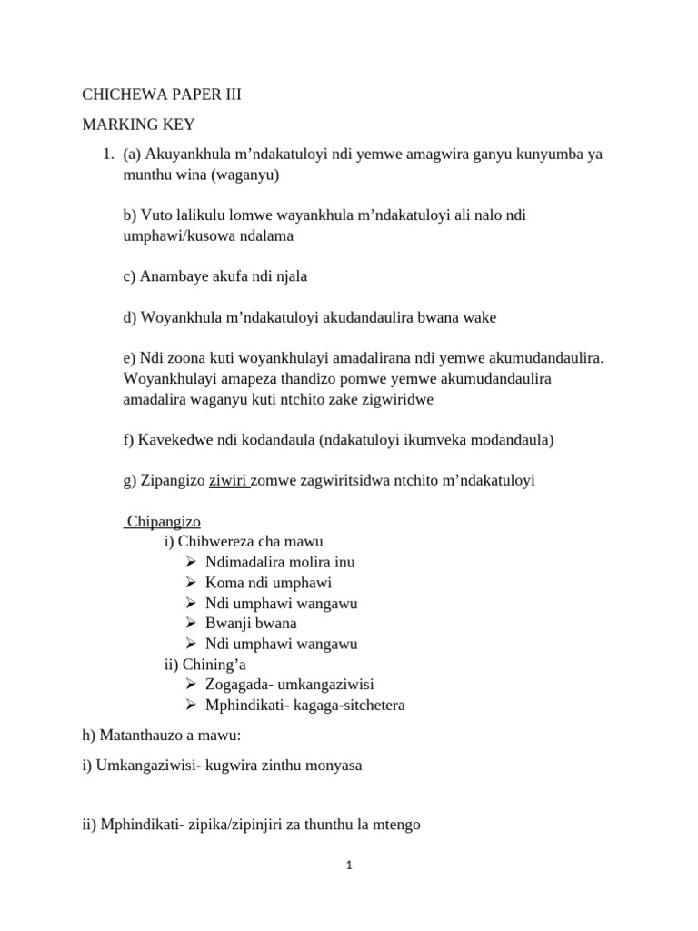 Chichewa Paper III Marking Key | PDF
