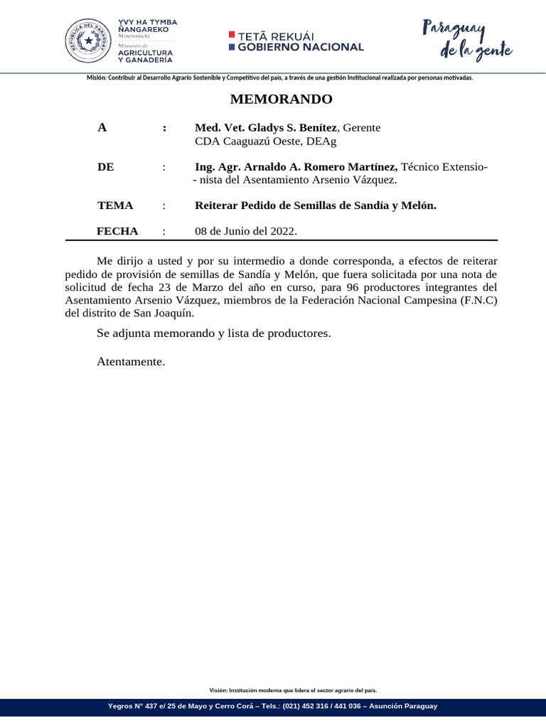 Memo - Reiterar Pedido de Semillas de Papa | PDF