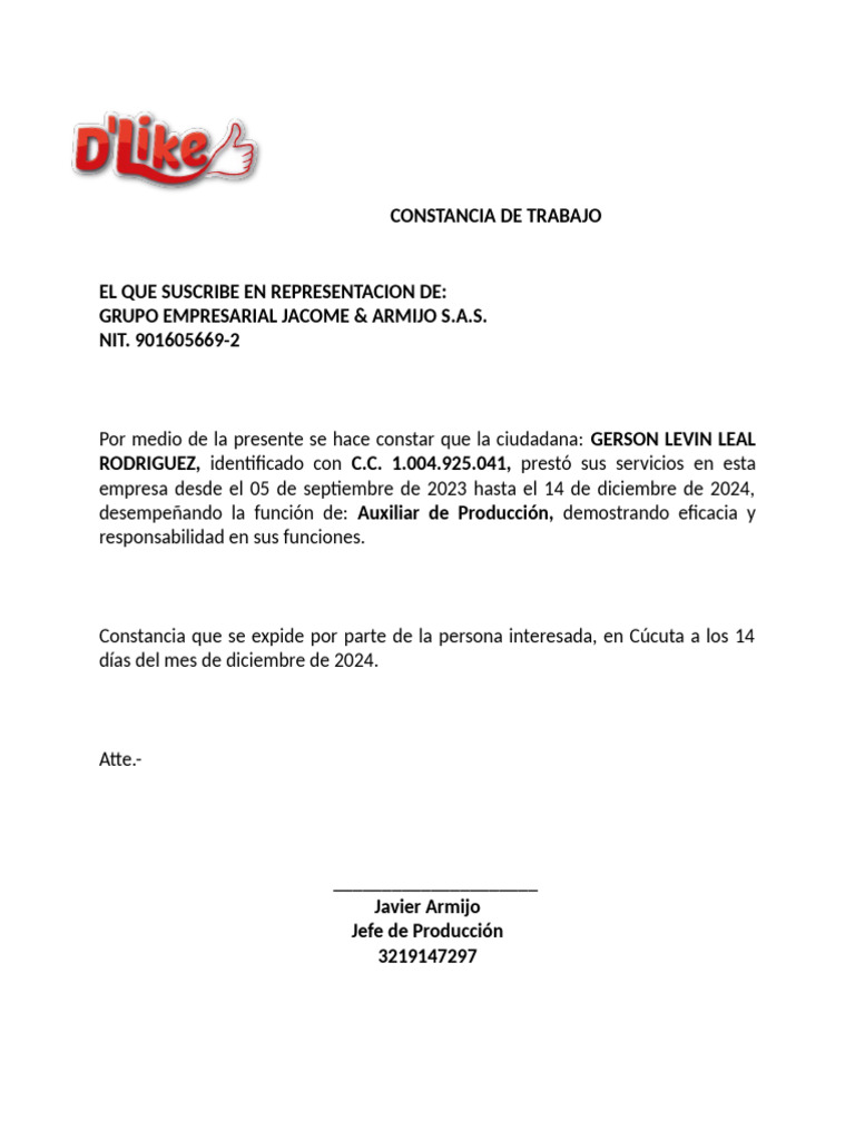 Constancia de Trabajo Gerson | PDF
