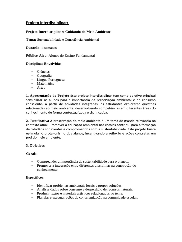 Projeto Interdisciplinar | PDF | Sustentabilidade | Interdisciplinaridade