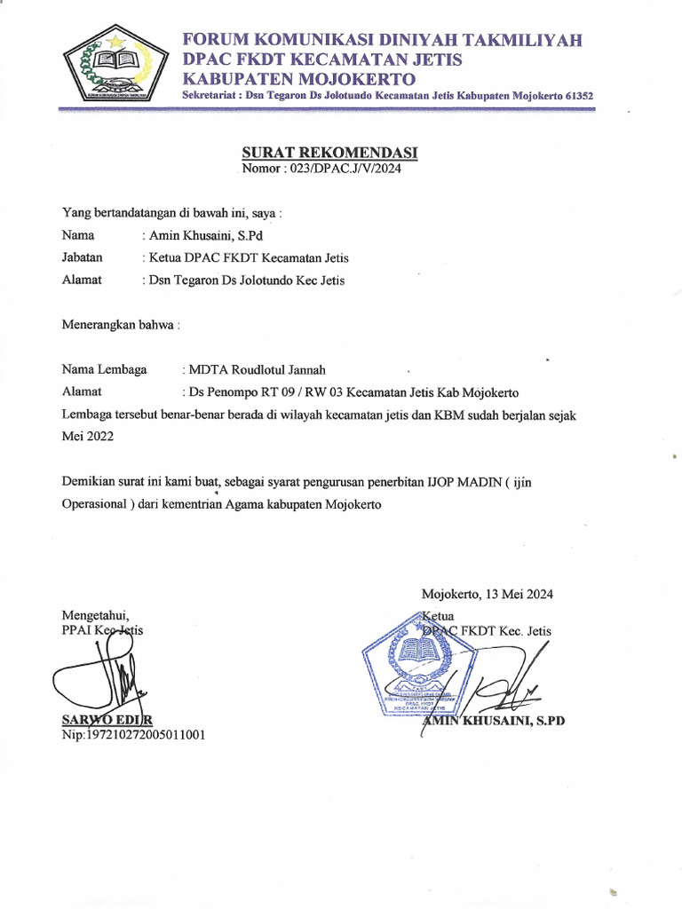Surat Rekomendasi KUA Madin RJ | PDF