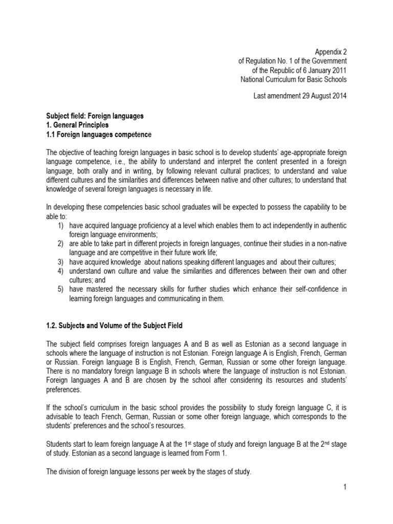 Est Basic School Nat Cur 2014 Appendix 2 Final | PDF | Foreign Language | Learning