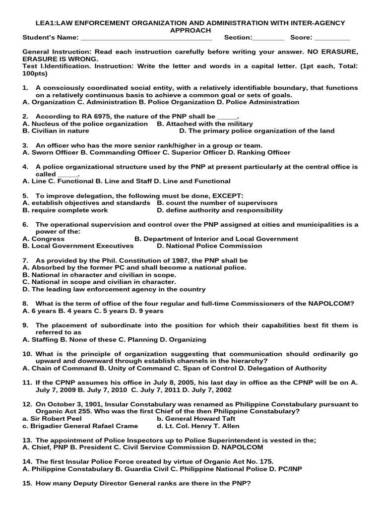 Law Enforcement Organization Test Guide | PDF | Police | Law Enforcement