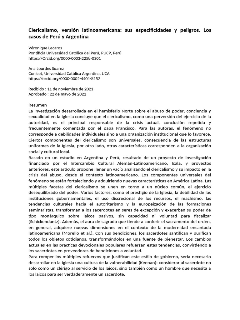 Clericalismo en Perú y Argentina | PDF | Masculinidad | Iglesia Católica