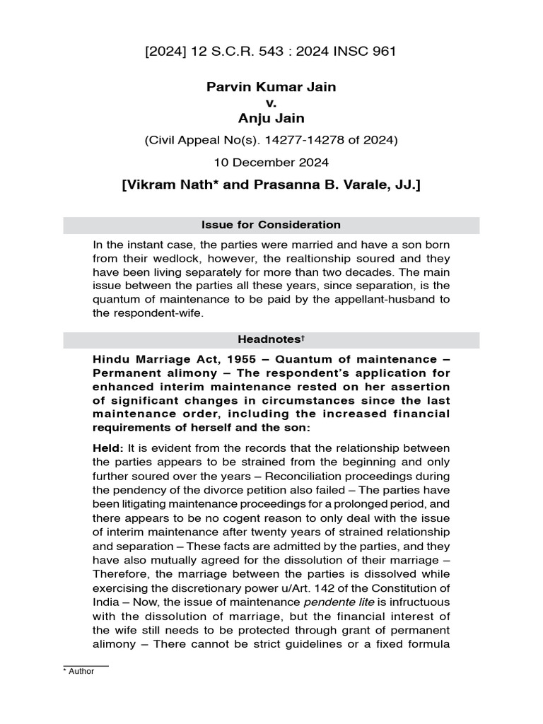 Parvin Kumar Jain v. Anju Jain: (2024) 12 S.C.R. 543: 2024 INSC 961 | PDF | Cost Of Living | Alimony