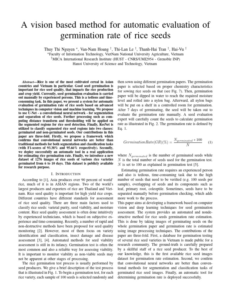 A Vision Based Method for Automatic Evaluation of Germination Rate of Rice Seeds | PDF | Image ...