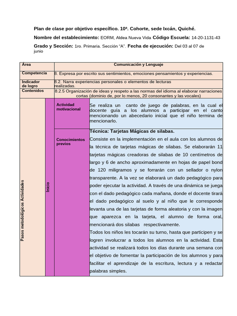 Plan de Clase Eorm Aldea Nueva Vida | PDF | Sustracción | Comunicación