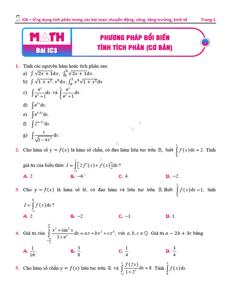 IC3-IC6 - Đổi biến và ứng dụng tích phân (1) | PDF
