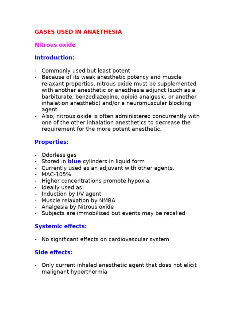 Nitrous Oxide in Anesthesia: Uses & Effects | PDF