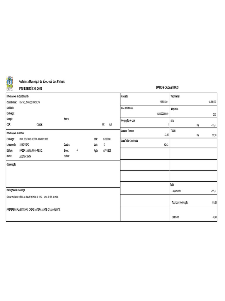 IPTU - 2024 | PDF | Impostos | Moeda