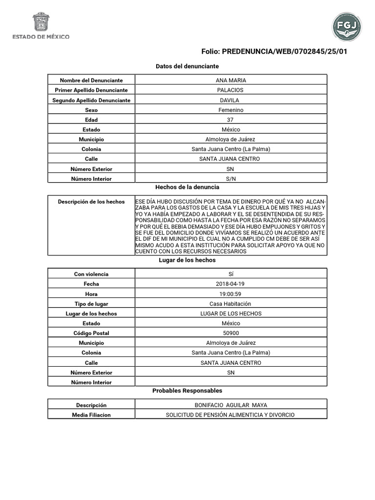 Unc Ia Eb: Folio: PREDENUNCIA/WEB/0702845/25/01 | PDF
