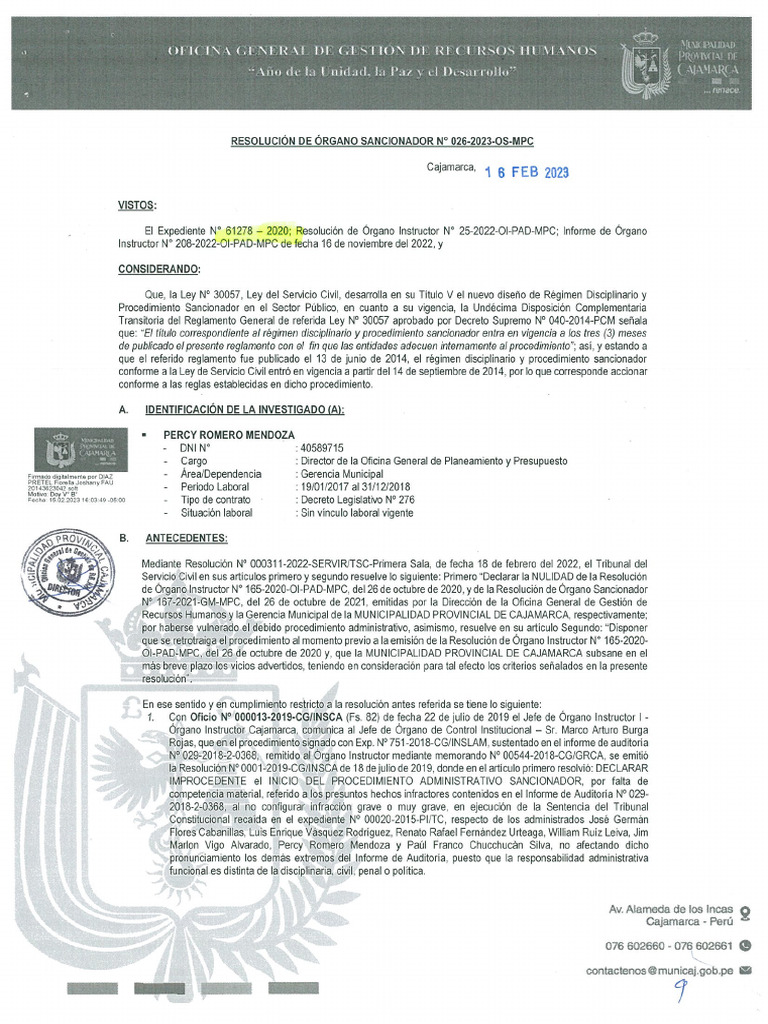 Resolución de Órgano Sancionador #026-2023-Os-Mpc PDF | PDF
