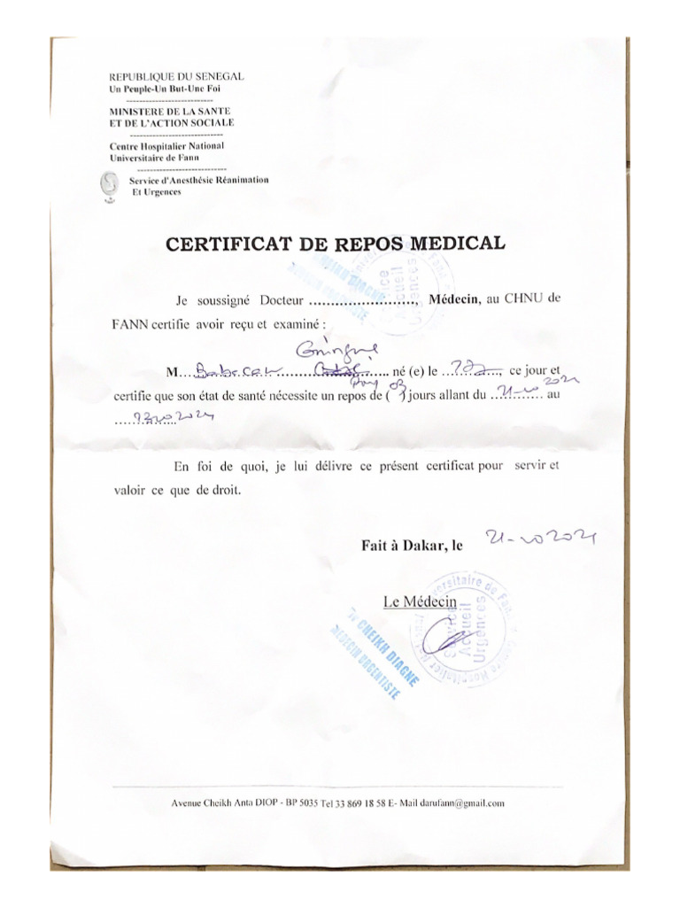 Certificat de Repos Médical | PDF