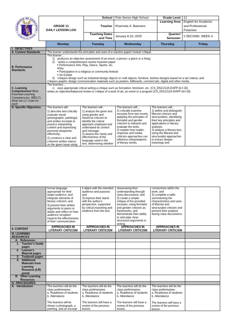 DLL_EAPP-Q1-W4 | PDF | Learning | Criticism