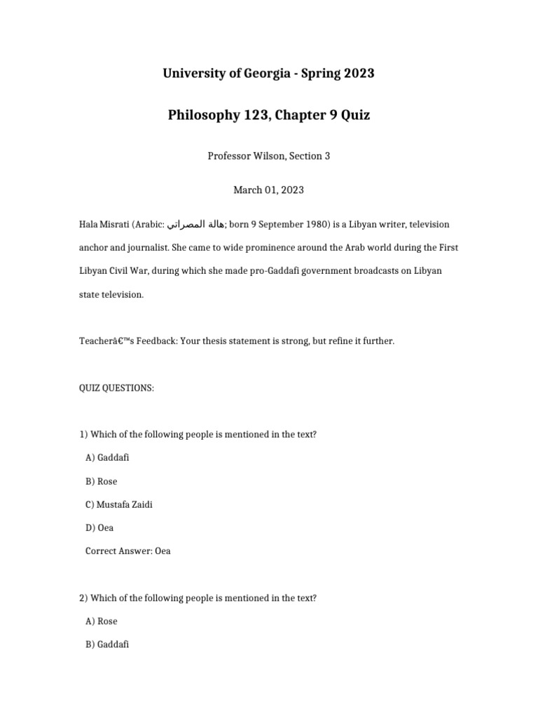 Philosophy 123 Chapter 9 Quiz | PDF