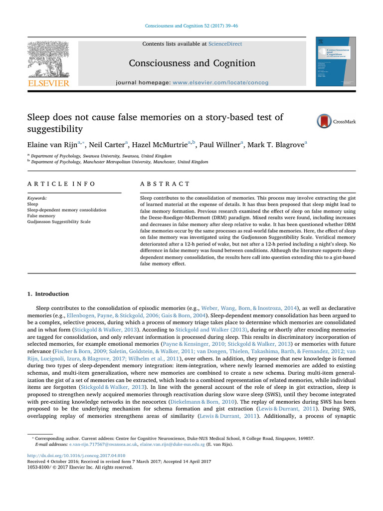 Sleep Does Not Cause False Memories On A Story-Based Test of ...
