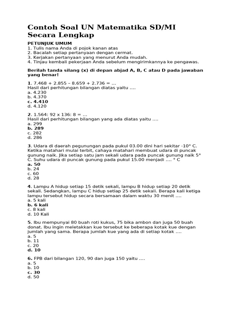 Contoh Soal UN Matematika SD | PDF