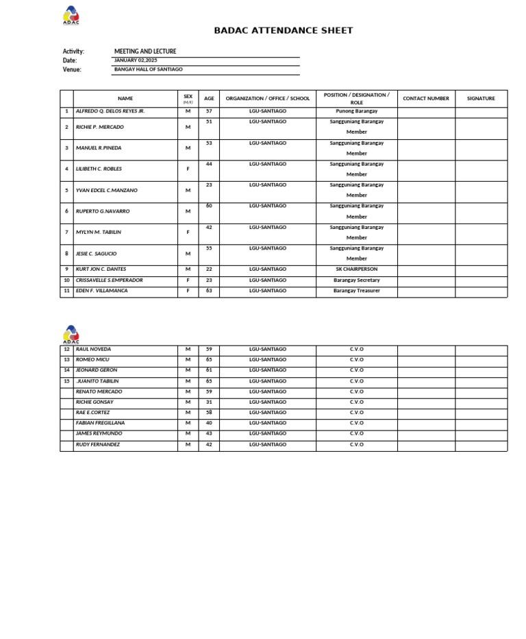 BADAC TEMPLATE - Attendance Sheet | PDF
