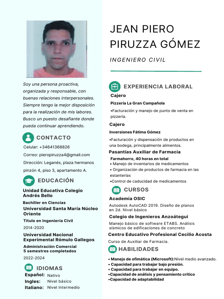 Perfil Profesional de Jean Piero Piruzza | PDF | Farmacia | Ingeniería