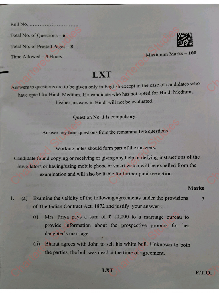 CA Foundation Law Question Paper For January 25 | PDF